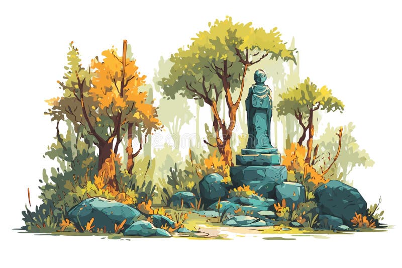 Fantasy Forest with Enchanted Stone Statue Calm Isolated Stock Vector ...