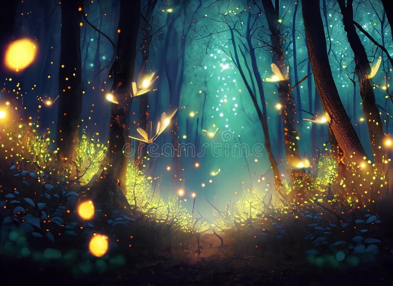 Fantasy Forest with Fireflies Stock Illustration - Illustration of ...