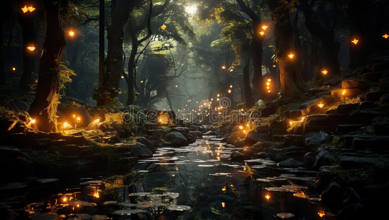 Fantasy Forest with Fog and Lanterns Stock Illustration - Illustration ...