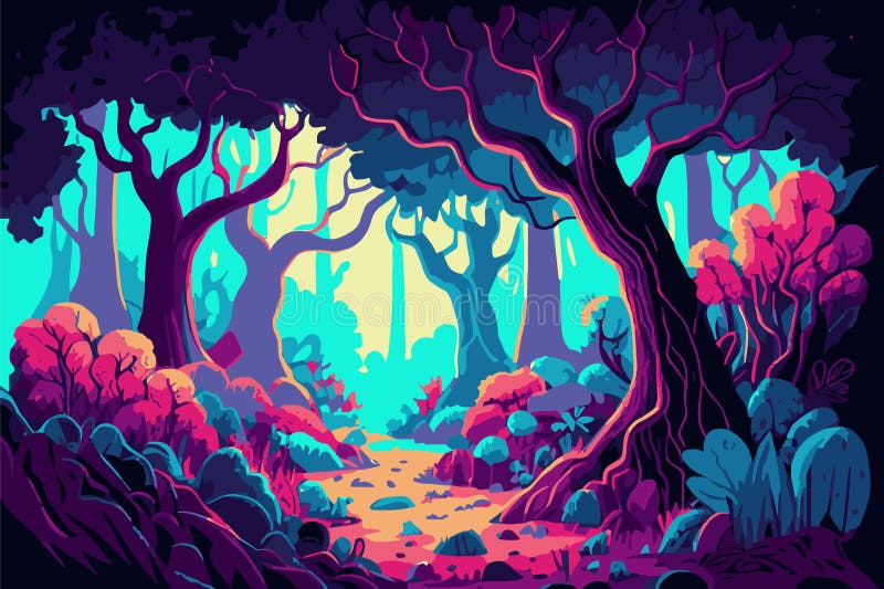 Fantasy Forest with Giant Trees and Road, Illustration Stock Vector ...