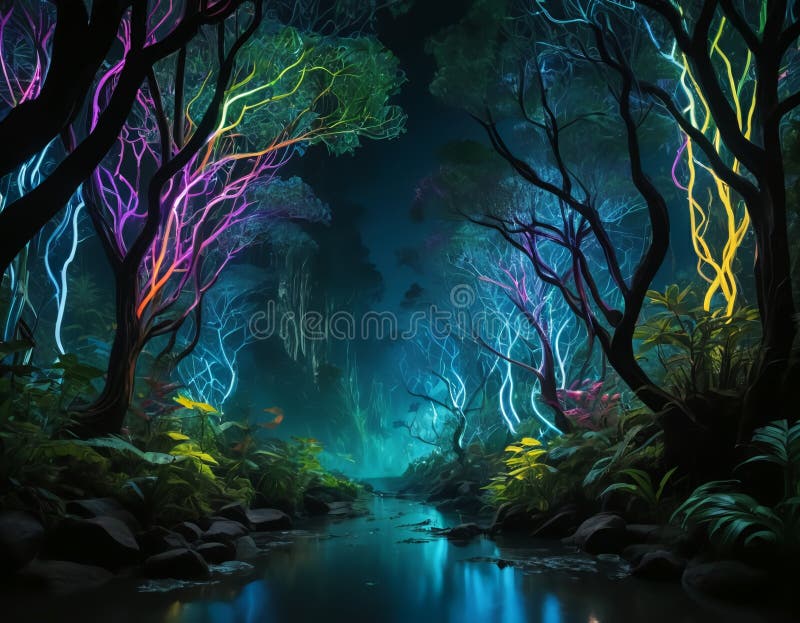 Fantasy Forest Glowing Neon Forest with Electric Lights Stock ...