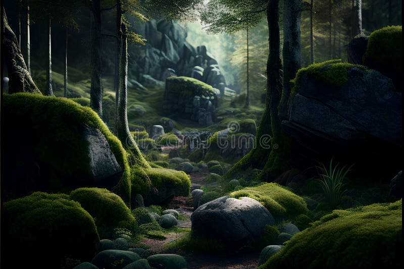 Fantasy Forest with Green Moss and Rocks. 3d Render Stock Illustration ...