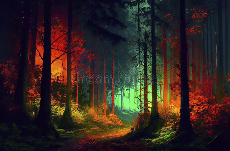 Fantasy Forest Landscape, Neon Colors, Magical Lights in the Forest ...