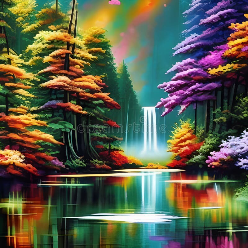 Fantasy Forest Landscape with Waterfall and Lake Stock Illustration ...