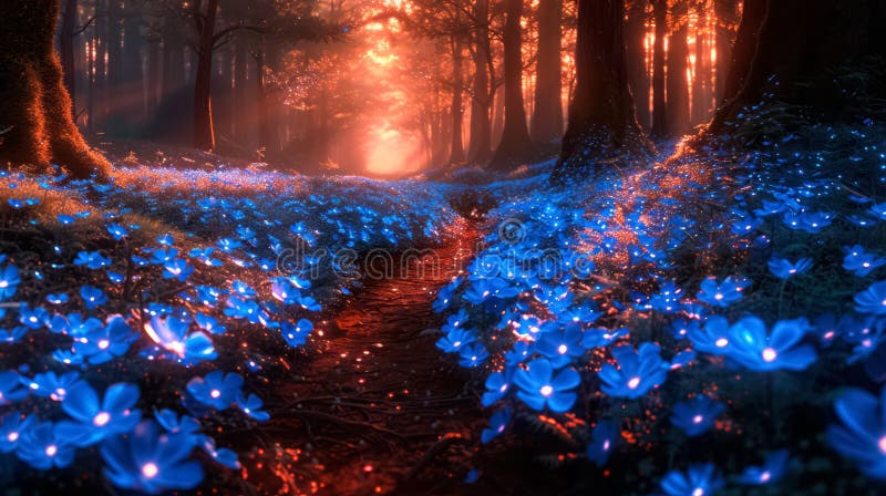 Fantasy Forest, Magic Luminous Flowers in Fairytale Wood Stock ...