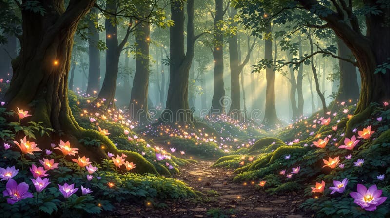 Fantasy Forest, Magic Luminous Flowers in Fairytale Wood Stock ...