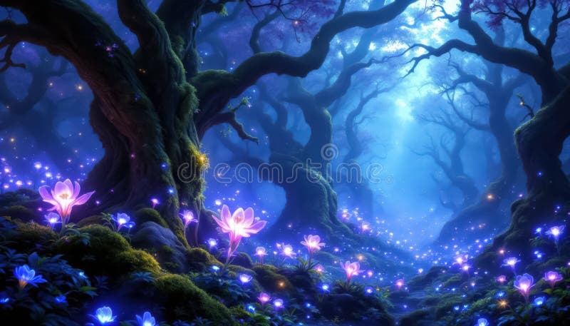 Fantasy Forest, Magic Luminous Flowers in Fairytale Wood Stock ...