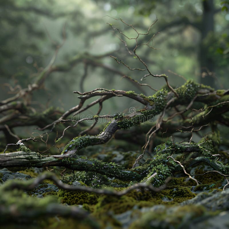 Fantasy Forest with Mossy Tree Branches and Green Moss in Summer Stock ...