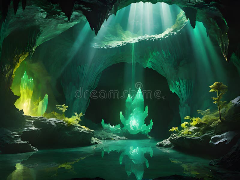 Fantasy Forest in the Mountains with Cave Stock Illustration ...