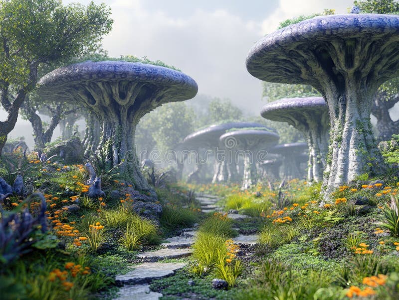 Fantasy Forest with Mushrooms and Flowers Stock Photo - Image of forest ...