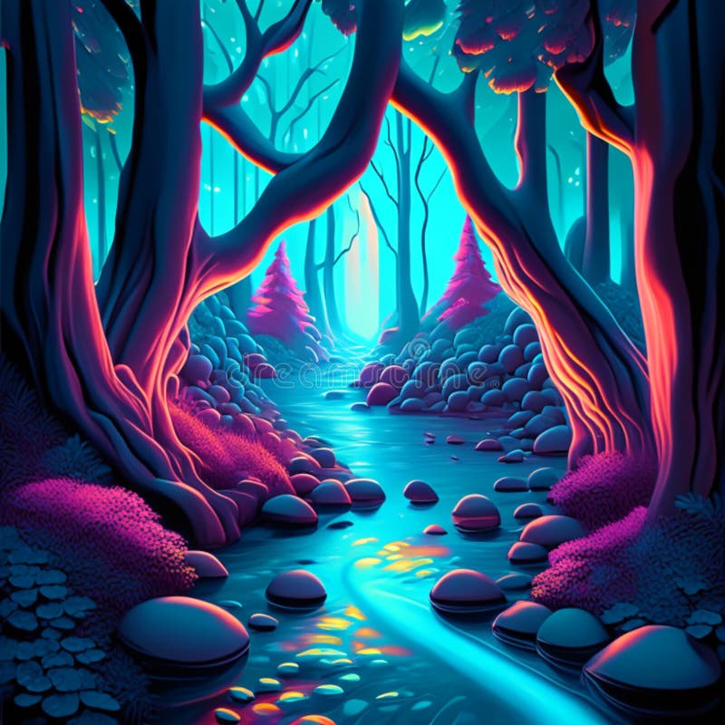 Fantasy Forest in Neon Light. Vector Illustration of Fantasy Forest ...