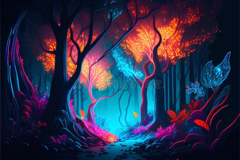 Illustration Fantasy of Neon Forest. Glowing Colorful Look Like ...