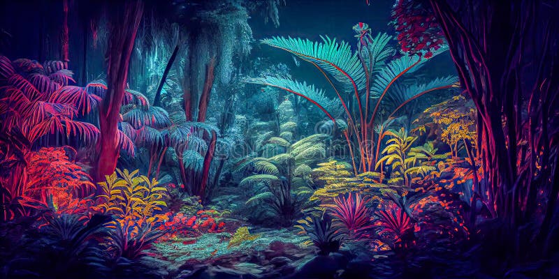 Fantasy Forest at Night Glowing Path with Magic Lights Stock ...