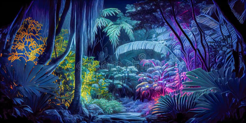 Fantasy Forest at Night Glowing Path with Magic Lights Stock ...