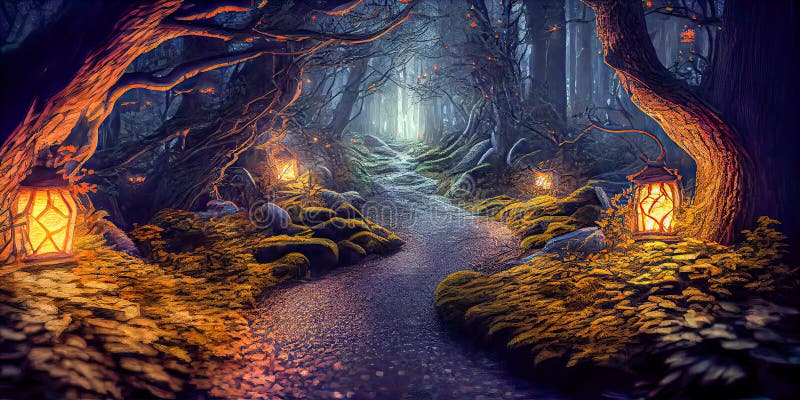 Fantasy Forest at Night Glowing Path with Magic Lights Stock ...