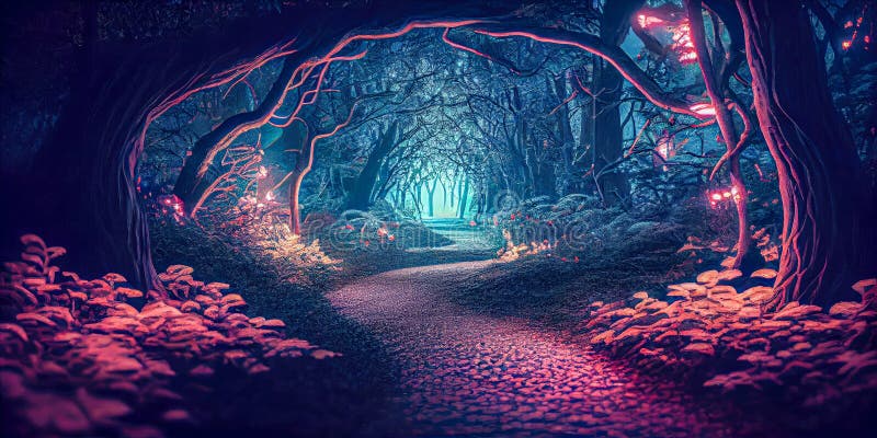 Fantasy Forest at Night Glowing Path with Magic Lights Stock ...