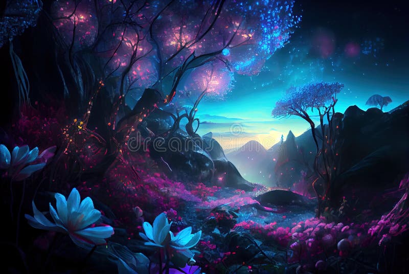 Fantasy Forest at Night, Magic Glowing Flowers in Fairytale Wood ... Fantasy Forest at Night, Magic Glowing Flowers in Fairytale Wood ...
