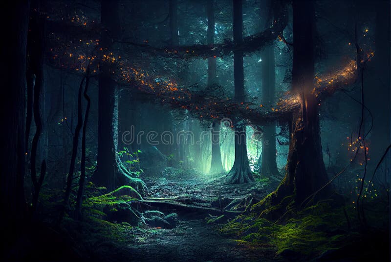 Fantasy Forest at Night, Magic Glowing Flowers in Fairytale Wood ... Fantasy Forest at Night, Magic Glowing Flowers in Fairytale Wood ...