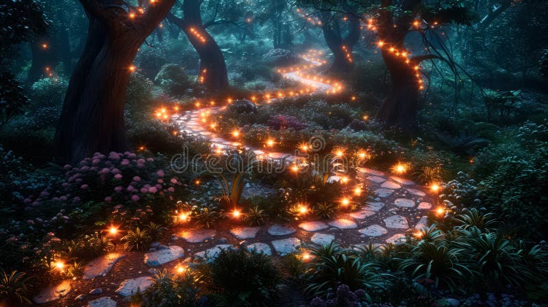 Fantasy Forest at Night, Magic Glowing Path and Lights in Fairytale ...