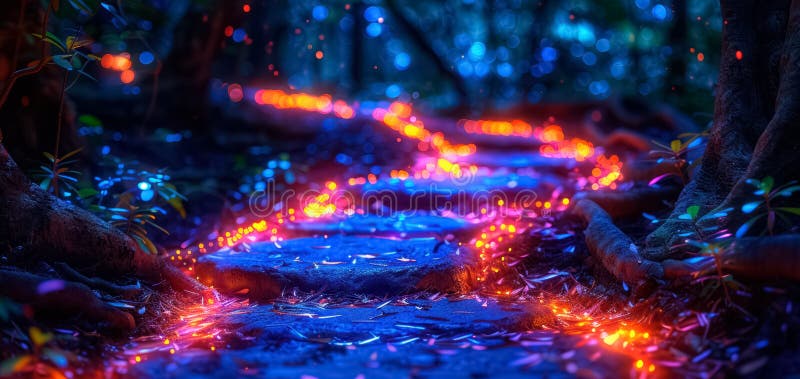 Fantasy Forest at Night, Magic Glowing Path and Lights in Fairytale ...