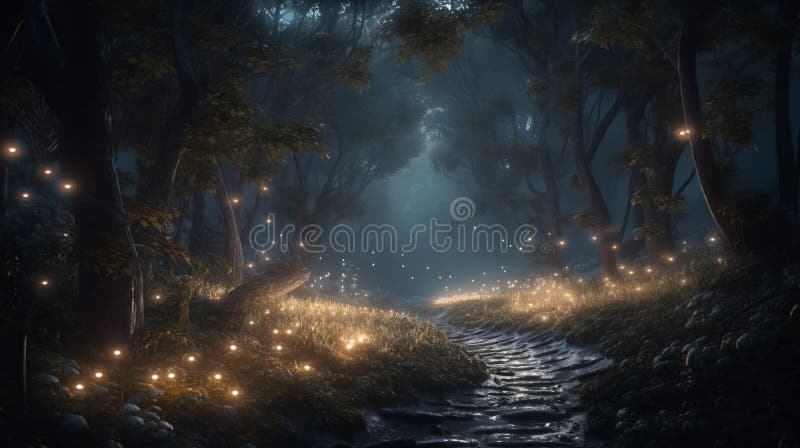 Fantasy Forest at Night, Magic Lights and Fireflies in Fairytale Wood ...
