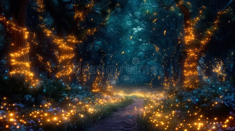 Fantasy Forest at Night, Magic Lights and Fireflies in Fairytale Wood ...