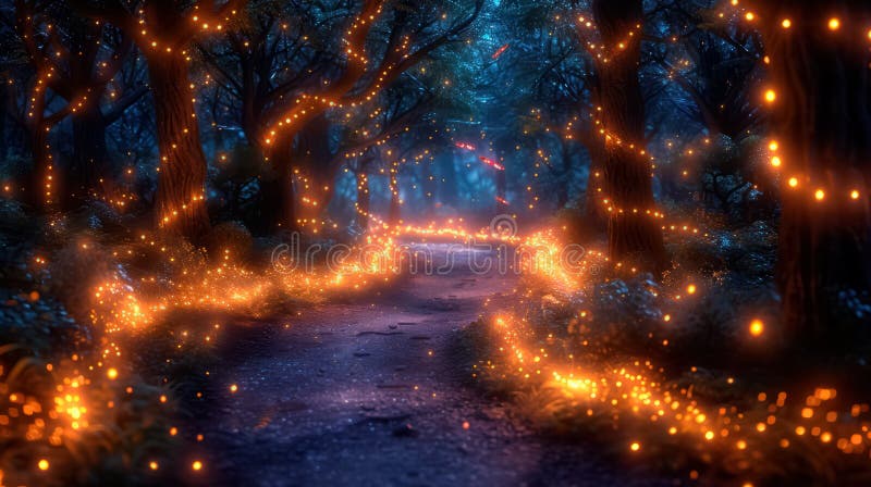 Fantasy Forest at Night, Magic Lights and Fireflies in Fairytale Wood ...