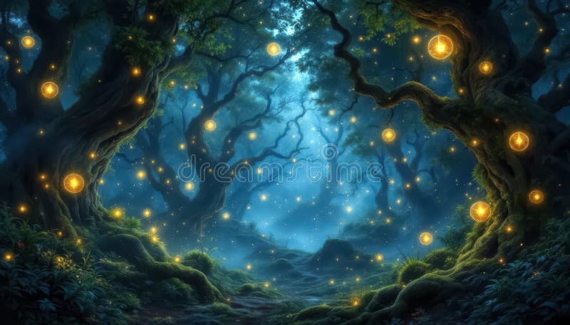 Fantasy Forest at Night, Magic Lights and Fireflies in Fairytale Wood ...