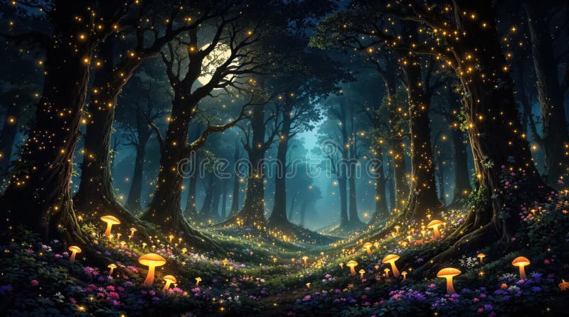 Fantasy Forest at Night, Magic Lights and Fireflies in Fairytale Wood ...