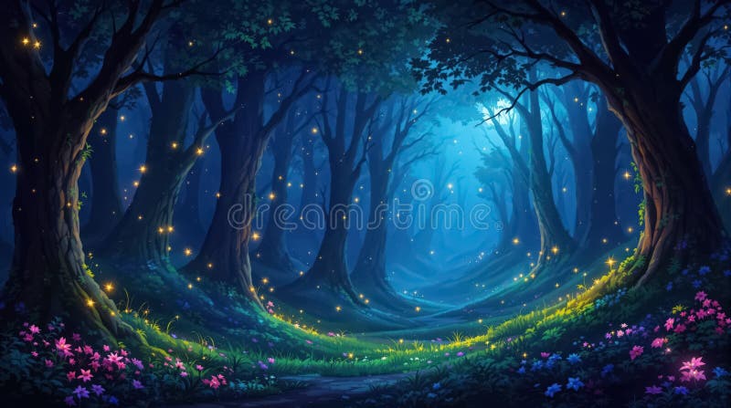 Fantasy Forest at Night, Magic Lights and Fireflies in Fairytale Wood ...