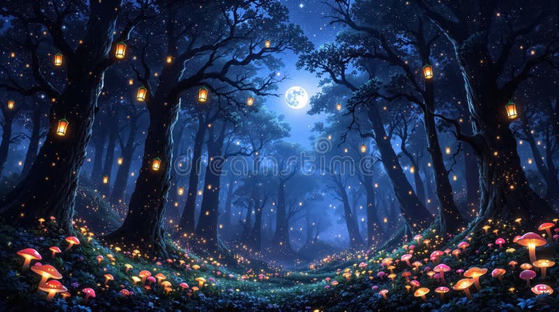 Fantasy Forest at Night, Magic Lights and Fireflies in Fairytale Wood ...