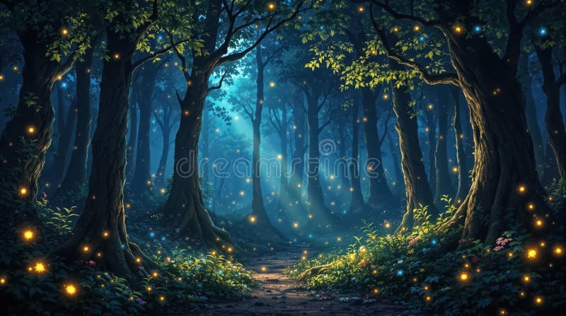 Fantasy Forest at Night, Magic Lights and Fireflies in Fairytale Wood ...
