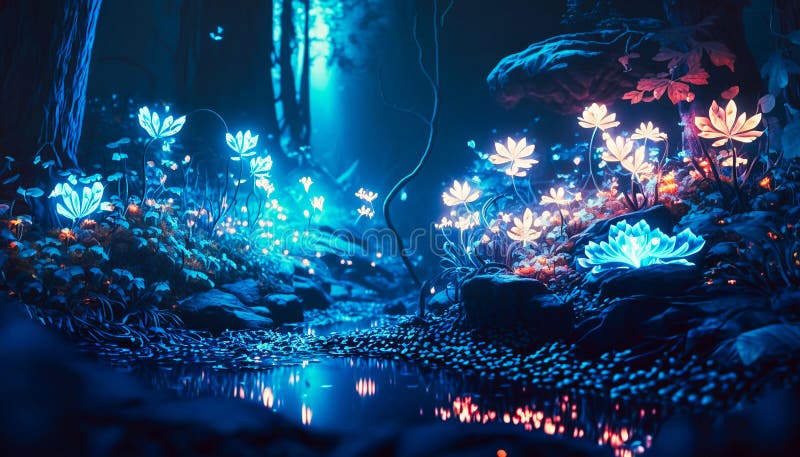 Fantasy Forest at Night Magic Lights and Fireflies, Generative AI Stock ...
