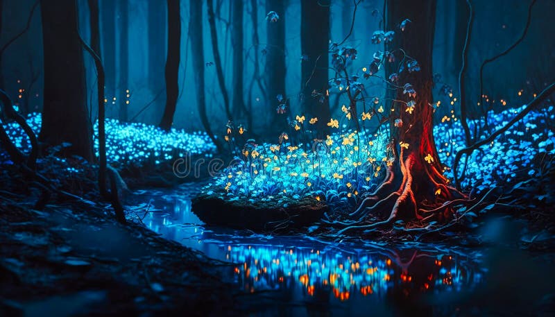 Fantasy Forest at Night Magic Lights and Fireflies, Generative AI Stock ...