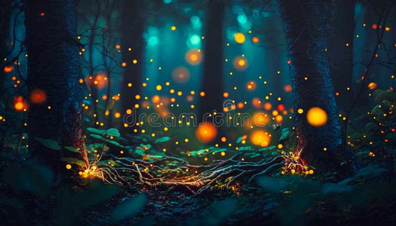 Fantasy Forest at Night Magic Lights and Fireflies, Generative AI Stock Illustration ...