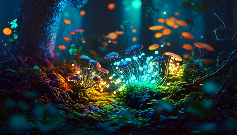 Fantasy Forest at Night Magic Lights and Fireflies, Generative AI Stock ...