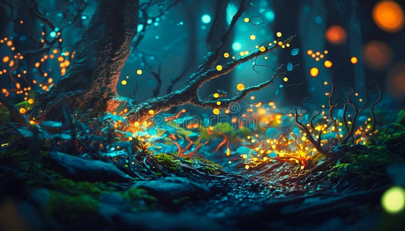 Fantasy Forest at Night Magic Lights and Fireflies, Generative AI Stock ...
