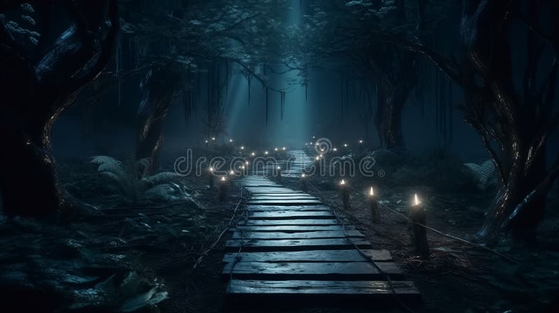 Fantasy Forest at Night, Magic Lights and Walkway in Dark Fairytale ...