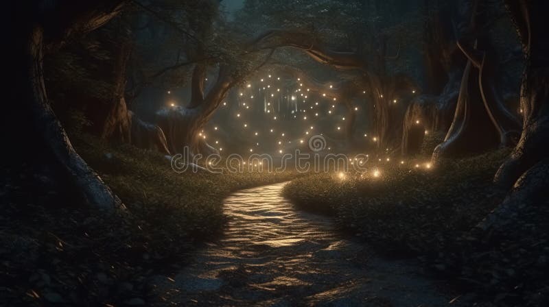 Fantasy Forest at Night, Magic Lights and Walkway in Dark Fairytale ...
