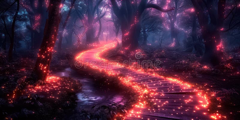 Fantasy Forest at Night, Magic Lights and Walkway in Dark Fairytale ...
