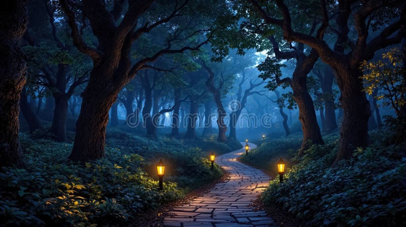 Fantasy Forest at Night, Magic Lights and Walkway in Dark Fairytale Wood Stock Illustration ...