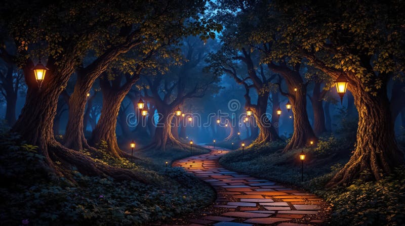 Fantasy Forest at Night, Magic Lights and Walkway in Dark Fairytale ...