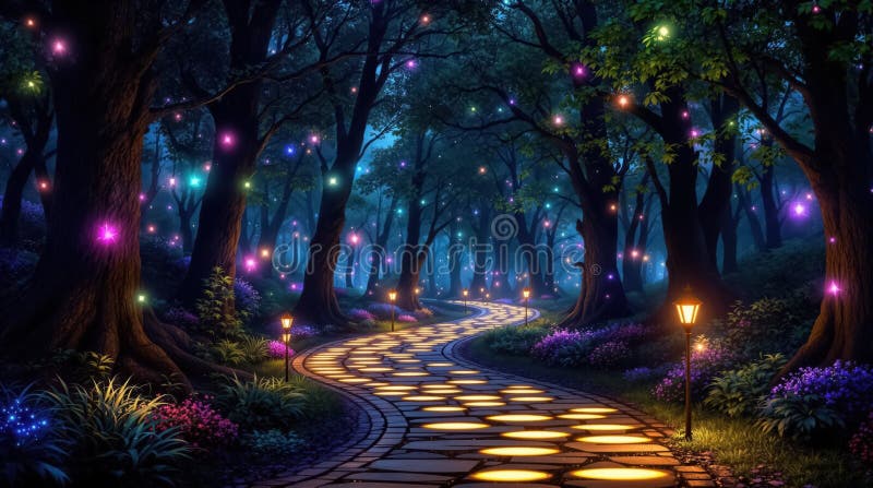 Fantasy Forest at Night, Magic Lights and Walkway in Dark Fairytale ...