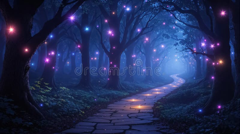 Fantasy Forest at Night, Magic Lights and Walkway in Dark Fairytale ...