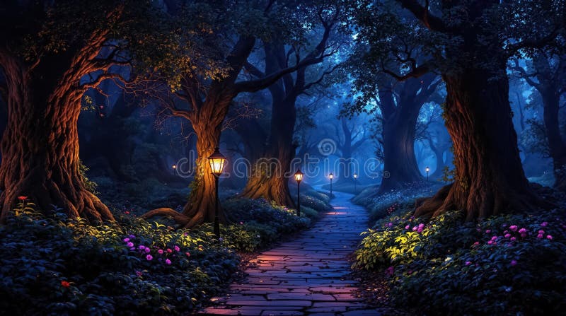 Fantasy Forest at Night, Magic Lights and Walkway in Dark Fairytale ...