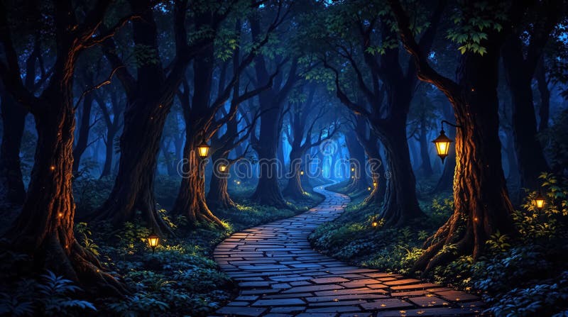 Fantasy Forest at Night, Magic Lights and Walkway in Dark Fairytale ...