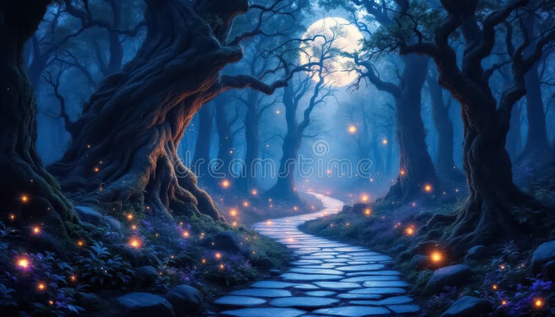Fantasy Forest at Night, Magic Lights and Walkway in Dark Fairytale ...