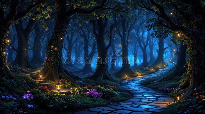 Fantasy Forest at Night, Magic Lights and Walkway in Dark Fairytale ...