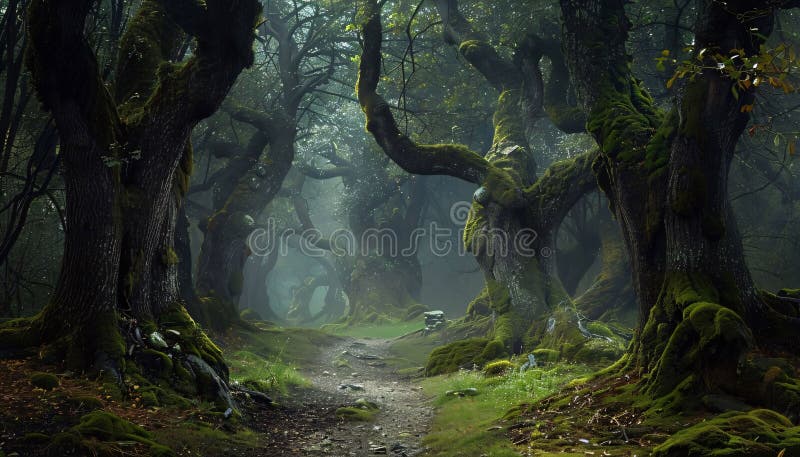 Fantasy Forest with Old Trees and Foggy Path, 3d Render Stock ...