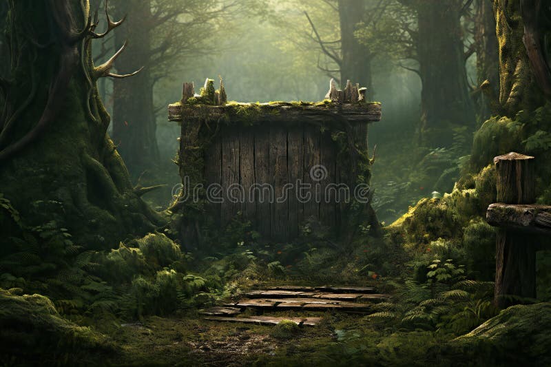Fantasy Forest with Old Wooden Bench Stock Illustration - Illustration ...